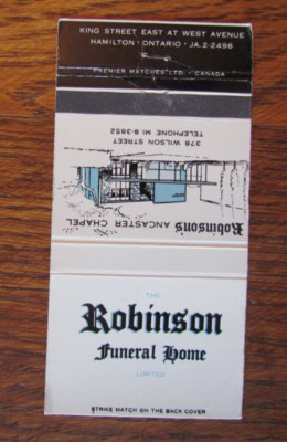 ROBINSON FUNERAL HOME MATCHBOOK COVER: HAMILTON, ONTARIO EMPTY ...