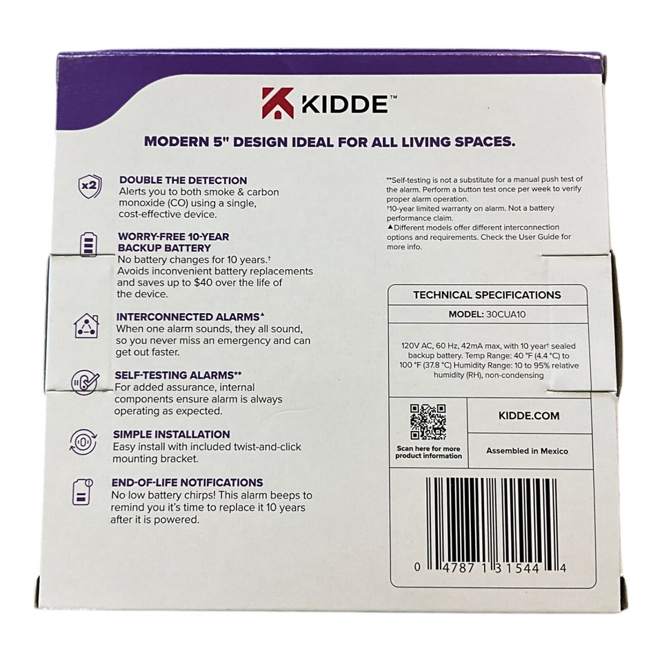 Kidde 30CUA10 Smoke & Carbon Monoxide Alarm Hardwired 10-Year Battery ...