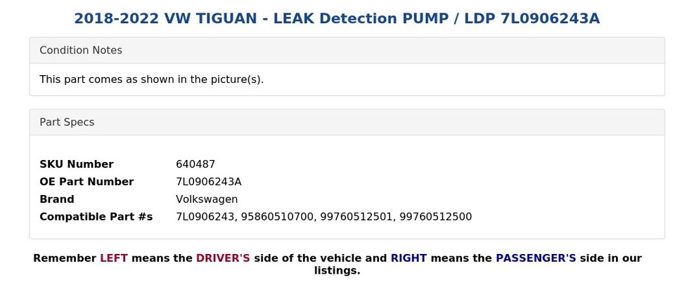 2018-2022 VW TIGUAN - LEAK Detection PUMP / LDP 7L0906243A | eBay