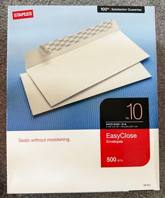 STAPLES box 500 EasyClose Sticker 381912 Envelopes No. 10 White Wove ...