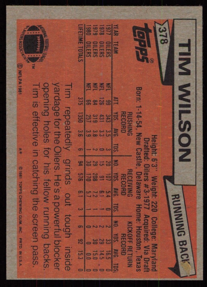 1981 Topps Tim Wilson Houston Oilers #378 | eBay