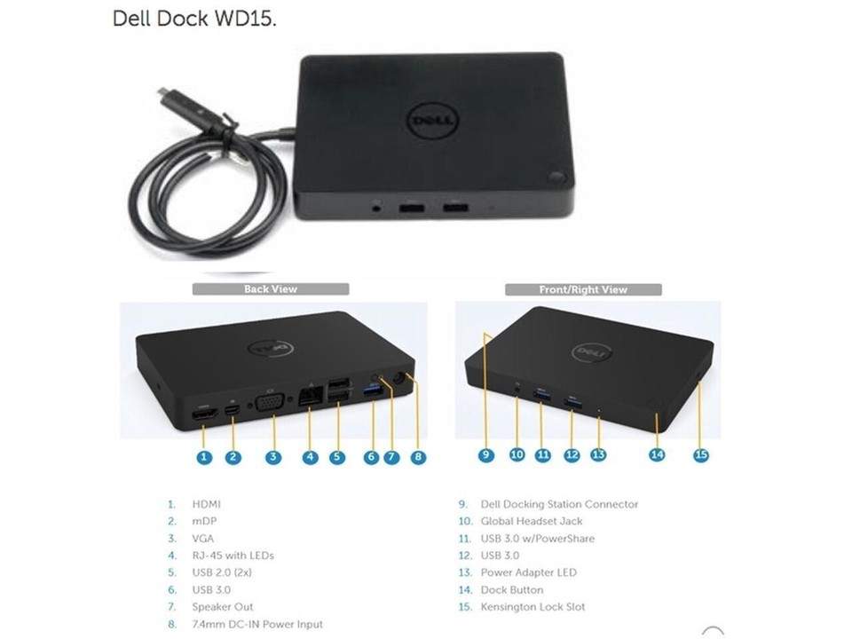 Dell WD15 USB-C K17A Hub HDMI VGA 4K Docking Station w/ AC Adapter 4 PC ...