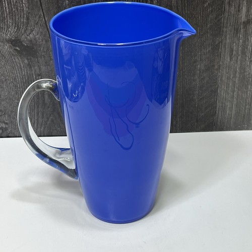 Blue Cased Glass Pitcher Hand Made in Thailand Clear Applied Handle 9 ...