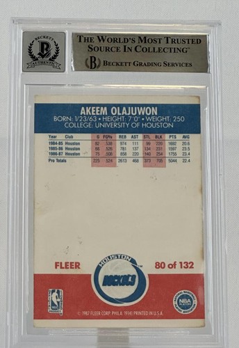 1987-88 Fleer #80 Hakeem Olajuwon Auto Houston Rockets BGS Autograph 10 ...