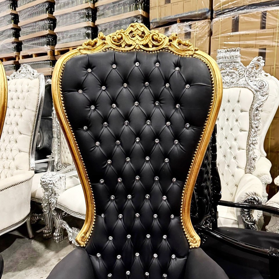 Throne Chair French Style Black Leather High-Back Tufted Gold Throne | eBay