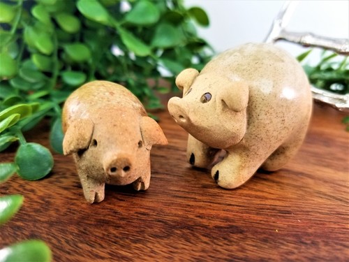 VTG Primitive Folk Art Glazed Stoneware Pottery Pig Figurines Miniature ...