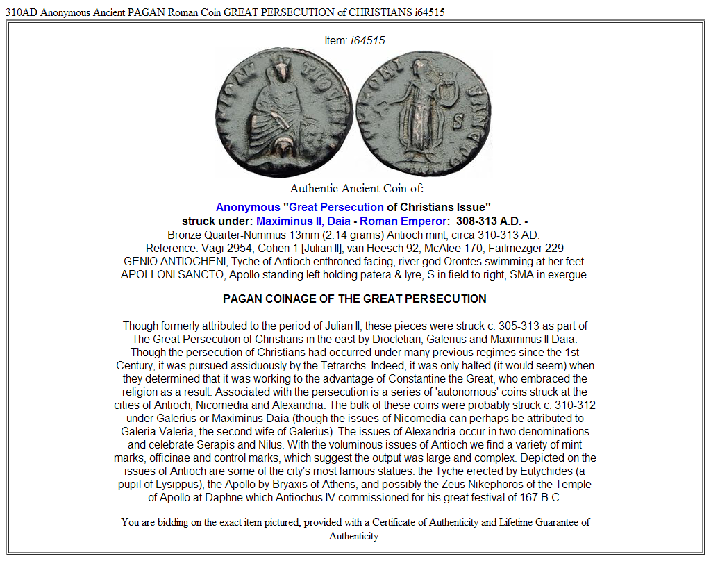 310AD Anonymous Ancient PAGAN Roman Coin GREAT PERSECUTION of ...
