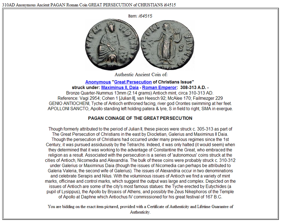 310AD Anonymous Ancient PAGAN Roman Coin GREAT PERSECUTION of ...