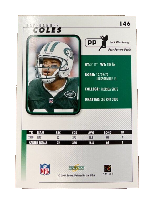 2001 SCORE CARD # 146 Laveranues Coles - New York Jets | eBay