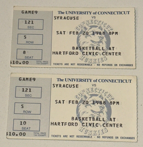 Uconn Huskies #9 Syracuse NCAA Basketball Ticket Stub Douglas Coleman 2/20/1988 | eBay