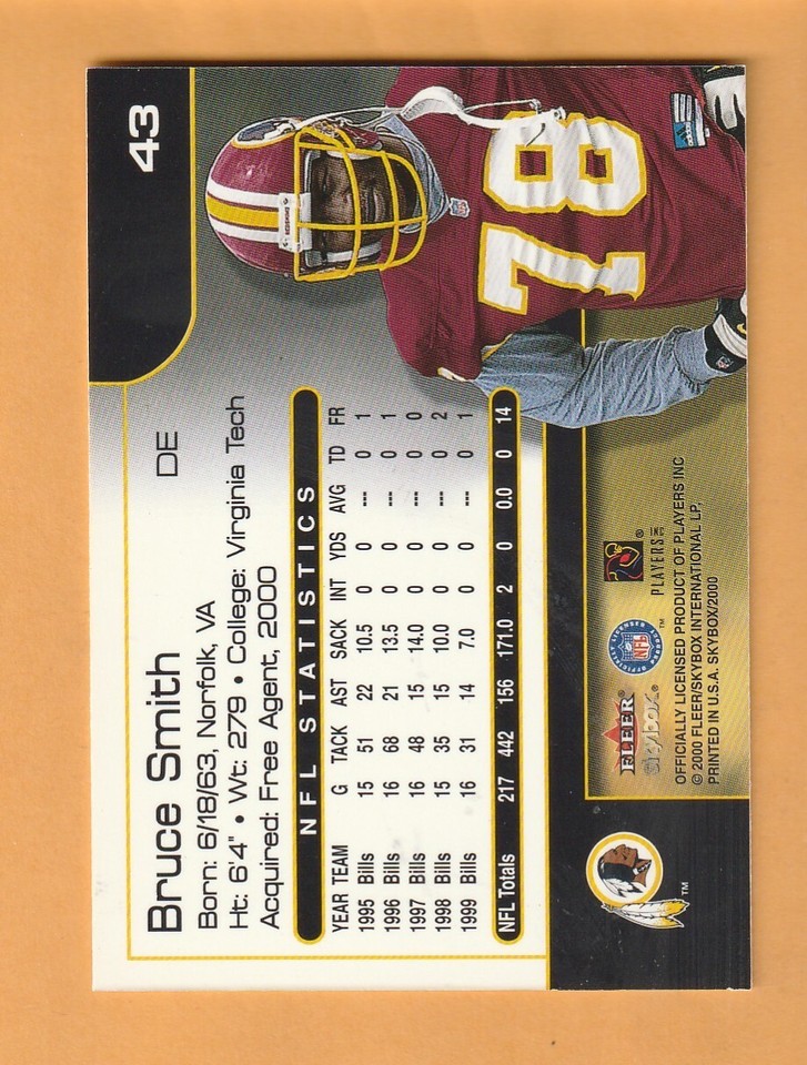 Bruce Smith Washington Redskins 2000 SkyBox #43 HOF Virginia Tech ...