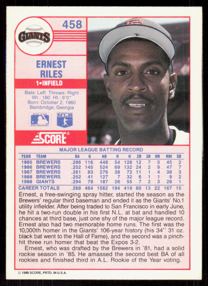 1989 Score 458 Ernest Riles San Francisco Giants | eBay