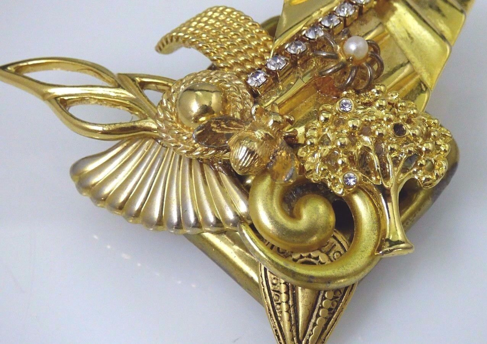 Vintage Abstract Brooch Pin Handmade Recycled Gold Tone Metal Retro ...