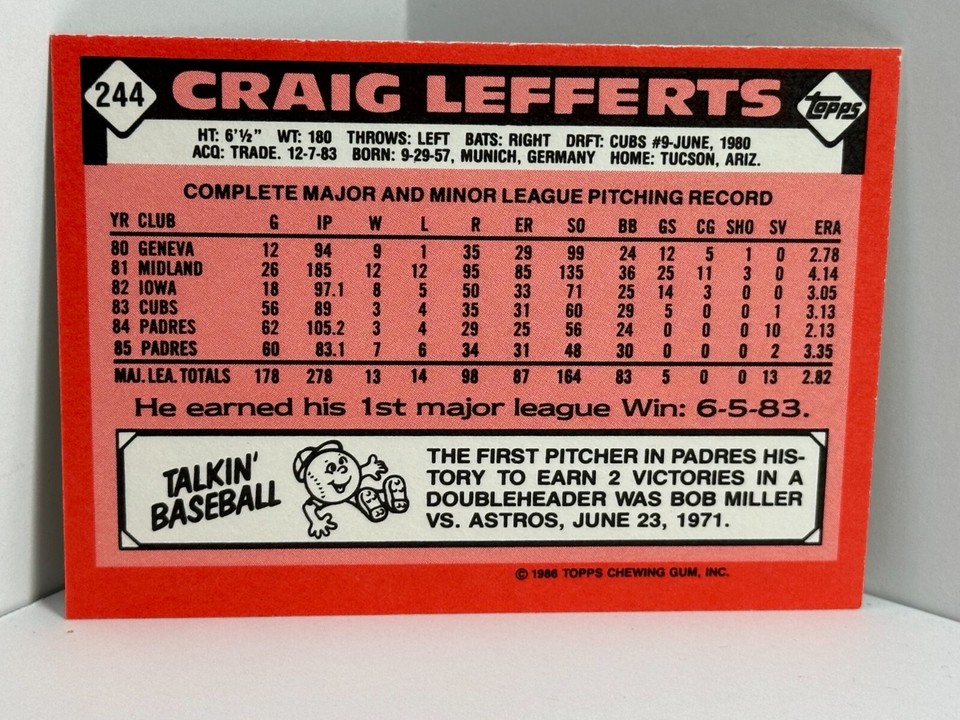 1986 Topps Tiffany #244 Craig Lefferts | eBay