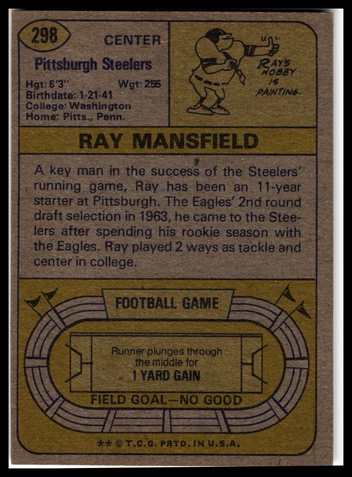 1974 Topps #298 Ray Mansfield Pittsburgh Steelers | eBay