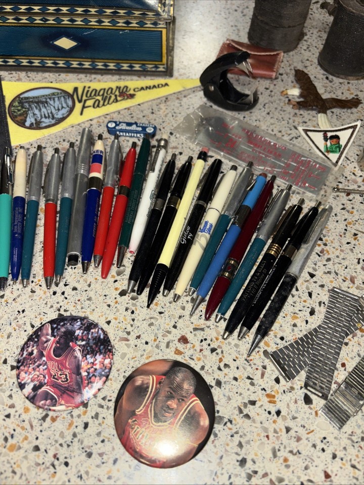 Vintage Office Desk Junk Drawer Old Pens Advertising Supplies Knick ...