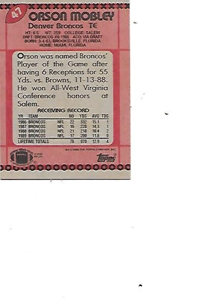 Orson Mobley 1990 Topps Football Card #47 Denver Broncos NM | eBay