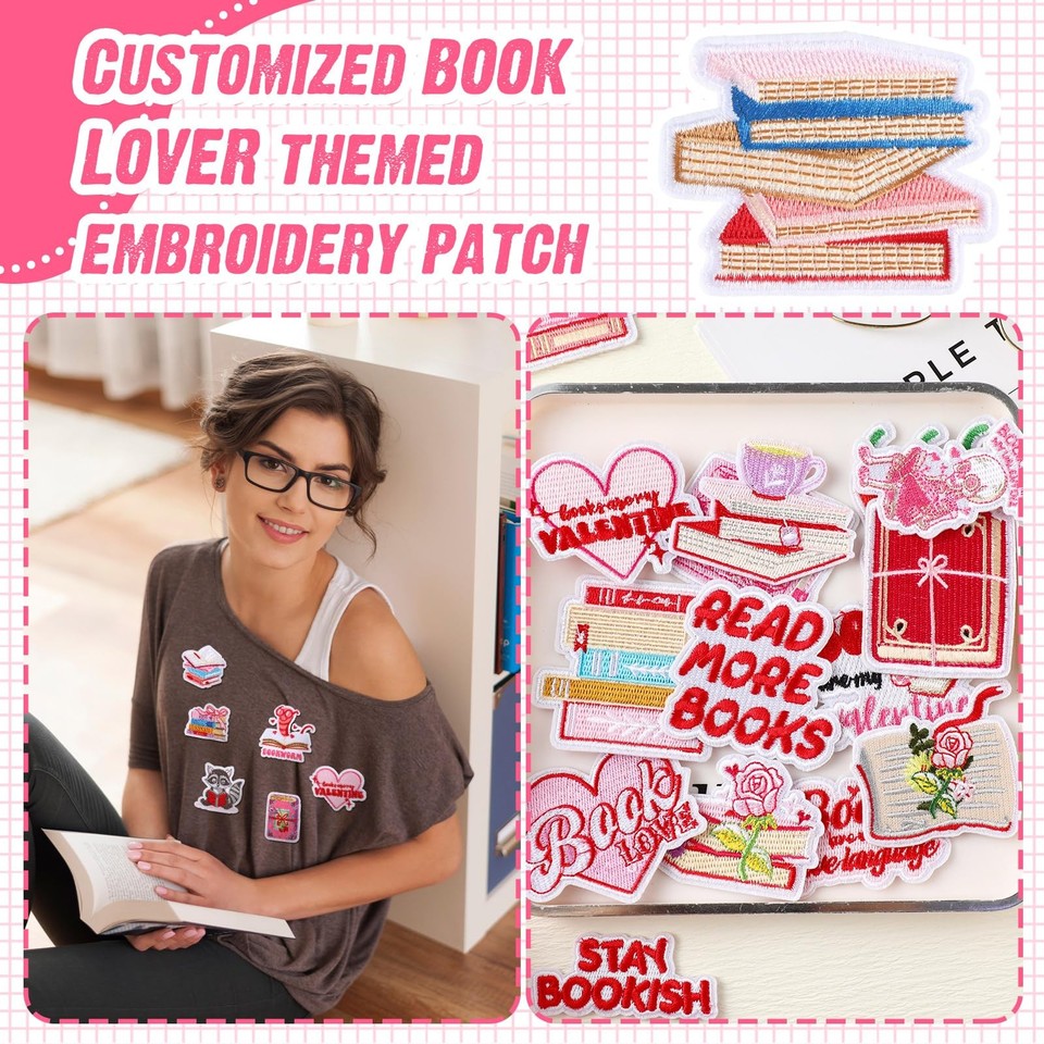 Bookish Iron on Patches 48 PCS Pink Book Lover Bookworm Embroidery ...