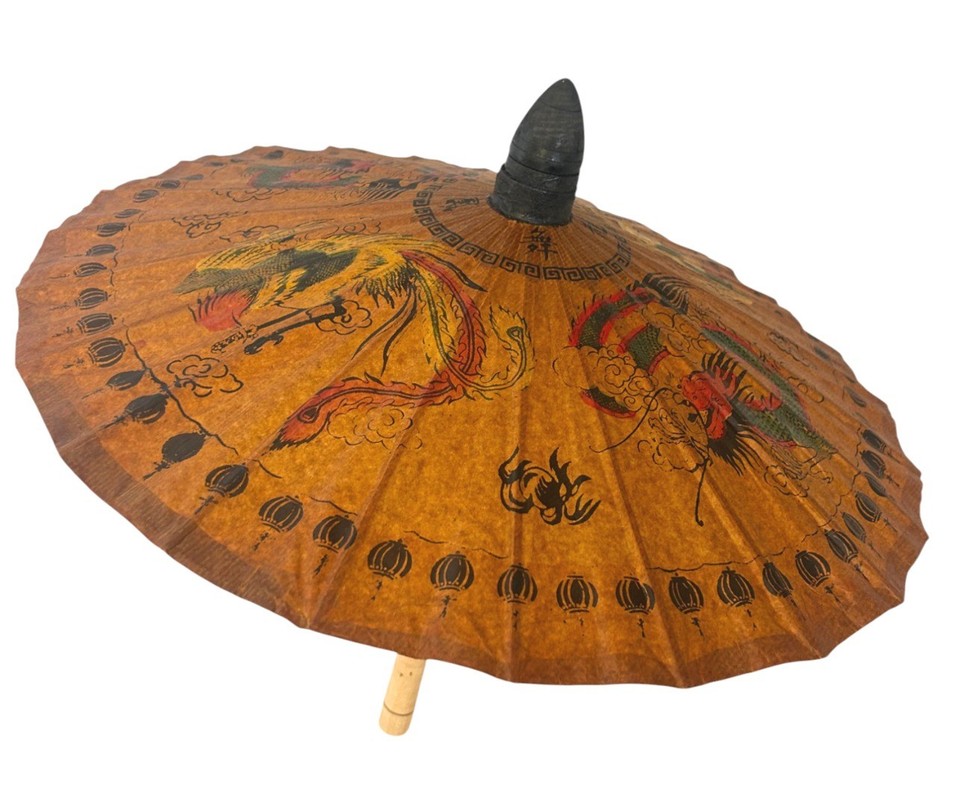 Oriental Handpainted Dragon Sun Parasol / Wooden Theatre Umbrella Prop ...
