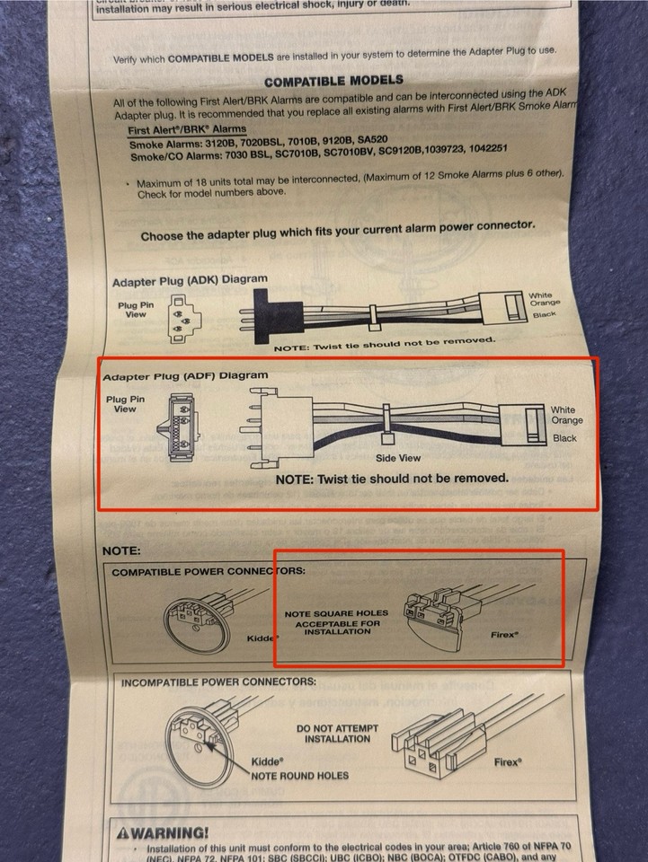 First Alert / BRK Smoke Alarm ADF Firex Adapter Wire Harness Connector ...