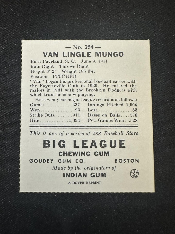 1977 Dover Reprint 1938 Goudey Van Lingle Mungo Dodgers Baseball Card ...