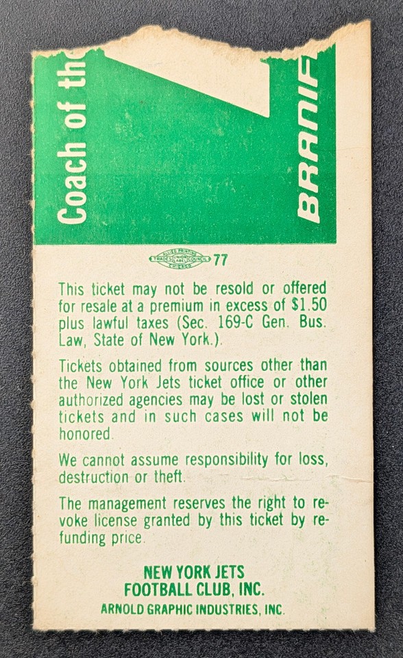 1972 Miami Dolphins Undefeated Season New York Jets Ticket 17-0 October ...