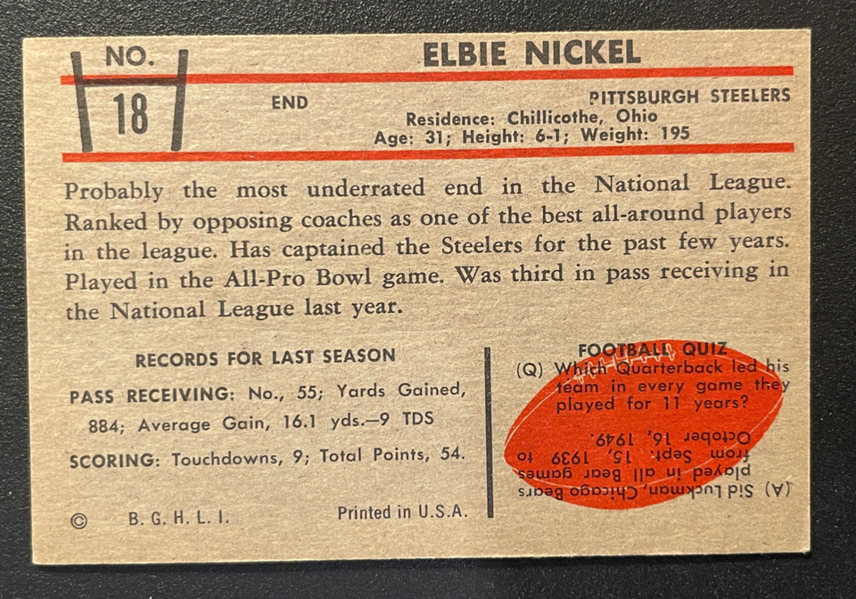 1953 Bowman Football #18 Elbie Nickel VG-EX. Pittsburgh Steelers. No crease | eBay