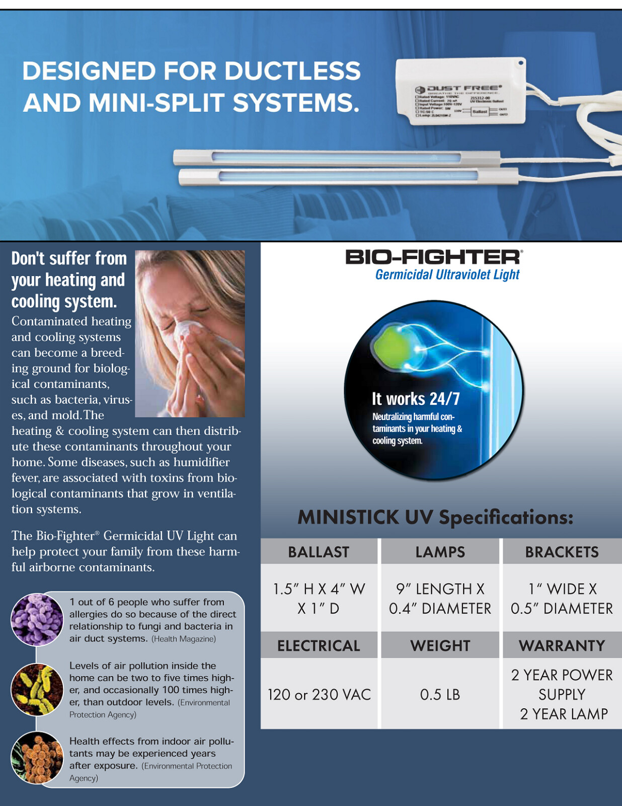 Bio-Fighter Dust Free Mini Split Dual-Lamp 230V UV Light Kit, 19401-DF ...
