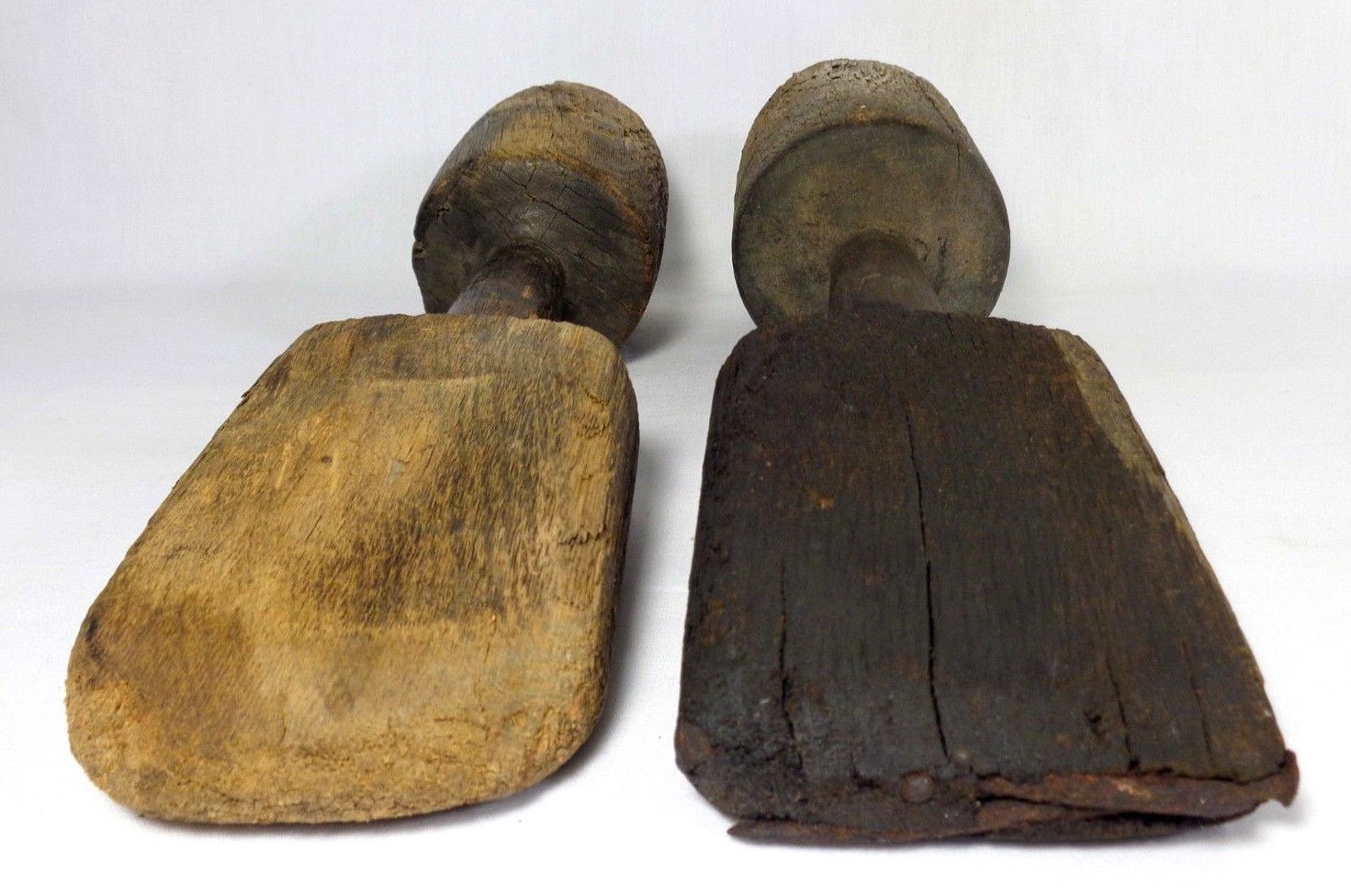 19TH C PAIR ANTIQUE PRIMITIVE HAND CARVED WOODEN SEAM RUBBER SAIL ...