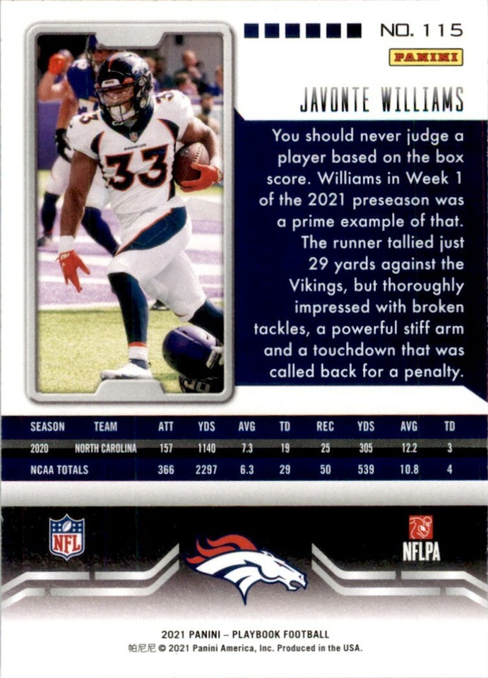 2021 Panini Playbook Purple Parallel Javonte Williams Rookie Broncos ...