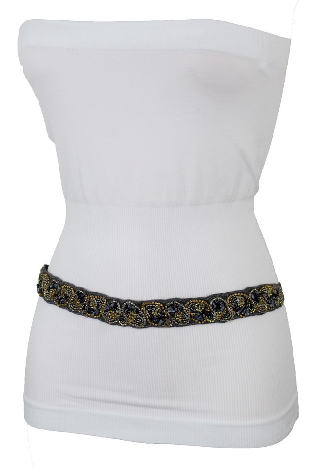 Fun Women Hippy Bling Skinny Stretch Grey Waistband Fashion Belt Bling ...