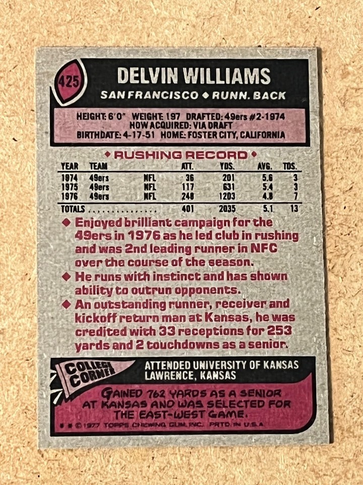 1977 Topps Delvin Williams Rookie #425 EX | eBay