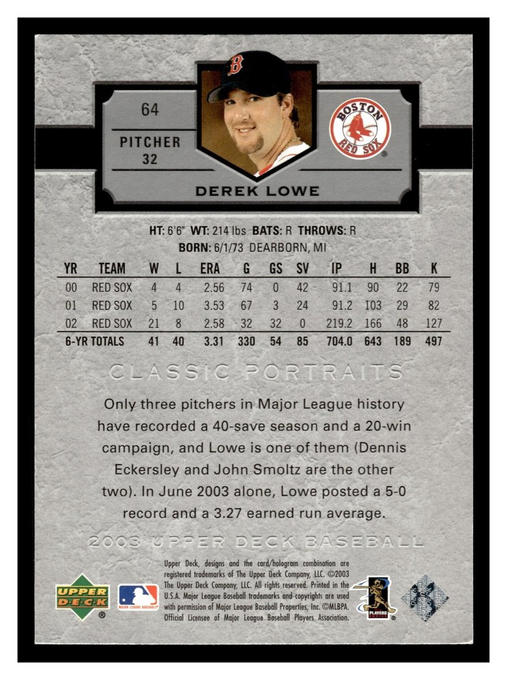 Derek Lowe #64 2003 Upper Deck Classic Portraits Boston Red Sox | eBay