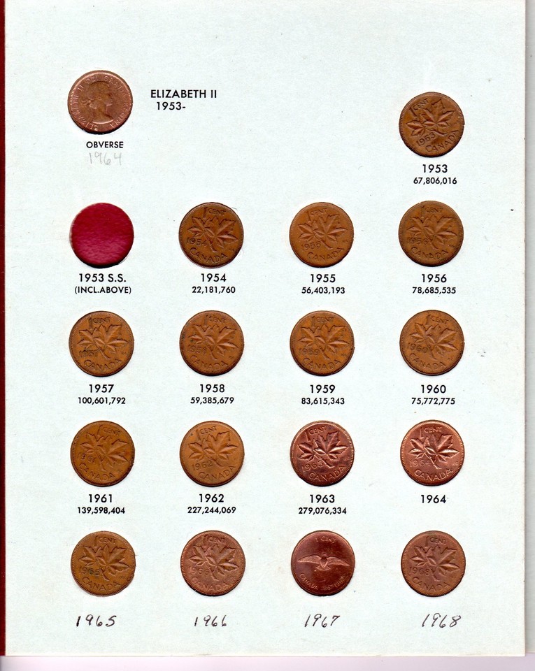 Canadian Small Cent Collection, 1920 to 1968 (50 coins), only 3 dates ...