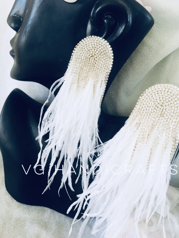Sale! Beaded Exclusive Long Feather Rhinestone Shiny Earrings All ...