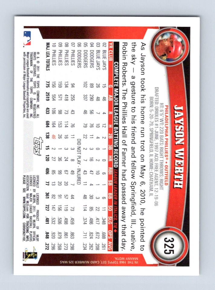 2011 Topps #325 Jayson Werth Philadelphia Phillies Black Border | eBay