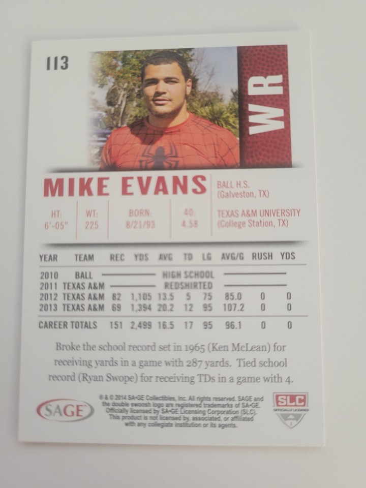 Mike Evans Rookie 2014 Sage HIT NCAA RC Card Texas A&M Buccaneers | eBay