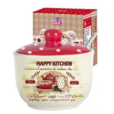 STPGoods Happy Kitchen Ceramic Jar with Spoon Lidded Sugar Bowl 15 oz ...