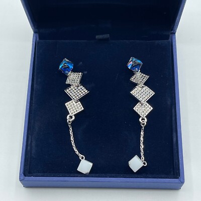 $95 Swarovski EMERGENCY Bermuda Silver Drop Down Earrings with Cube ...