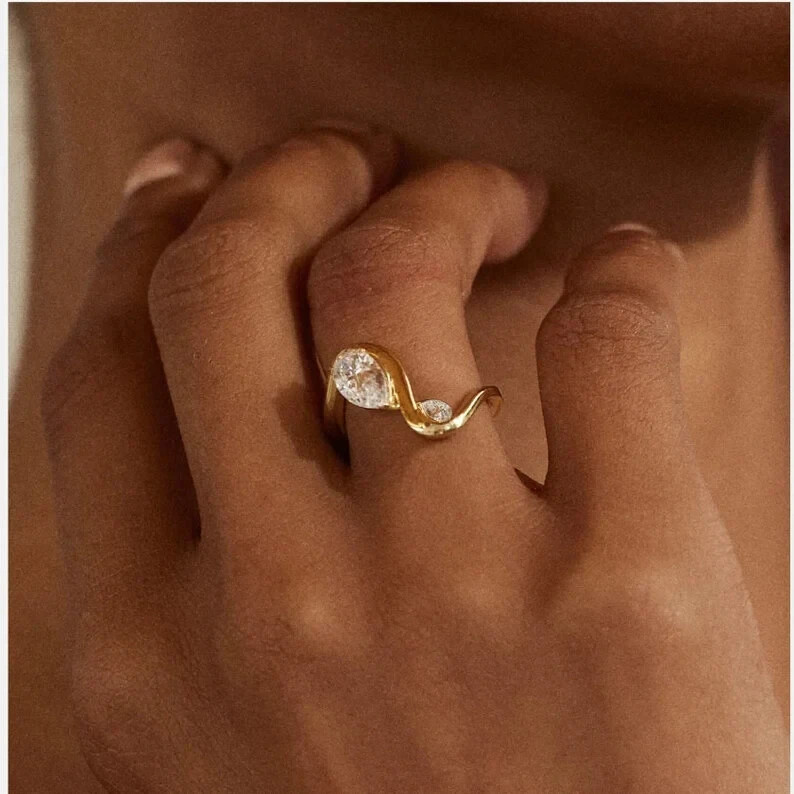 Wave Engagement Ring East to West Moissanite Pear Cut 2 Stone Gold Ring ...