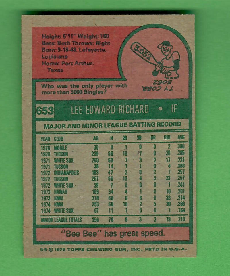 1975 TOPPS BASEBALL #653 LEE RICHARDS - WHITE SOX - SET BREAK NM-MT OR ...