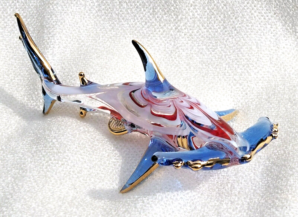 Blue Maroon HAMMERHEAD shark figurine handmade blown glass gold trim 4. ...