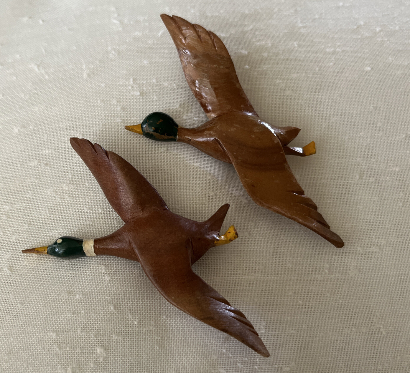 2 Vintage Wooden Flying Mallard Duck Pin Green Brown … - Gem