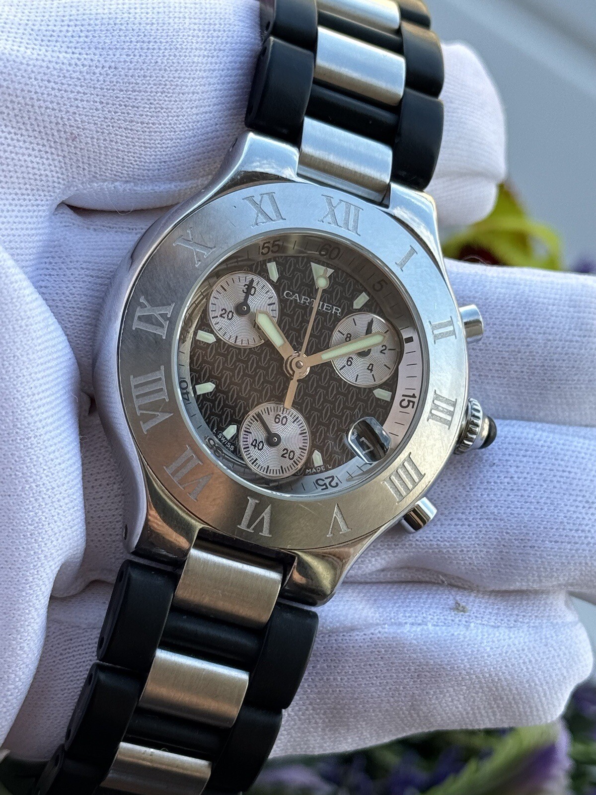 Cartier Chronoscaph 21 Watch 2424 Chronograph Quartz Mens 38.5mm Swiss ...