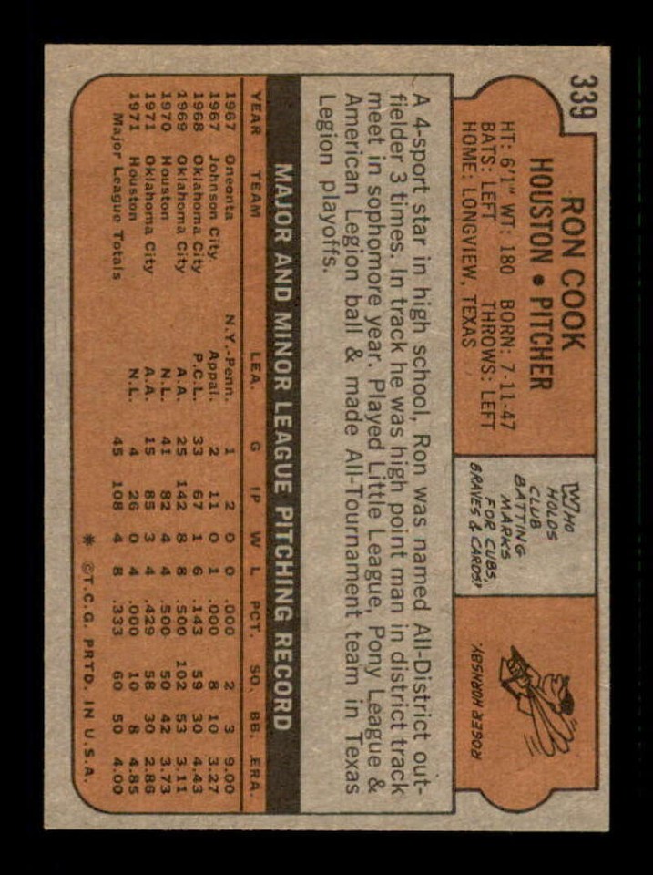 1972 Topps #339 Ron Cook VGEX Astros 560983 | eBay