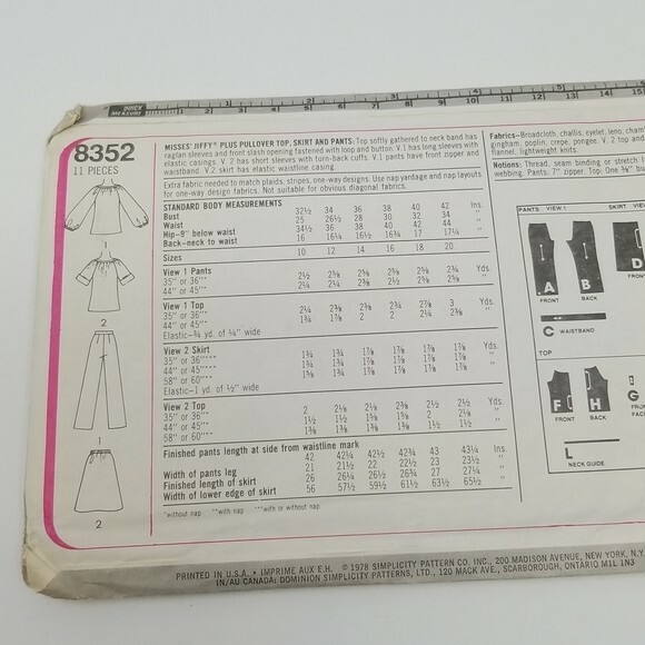 1978 Simplicity Uncut Sewing Pattern # 8352 Pullover Top Skirt and ...