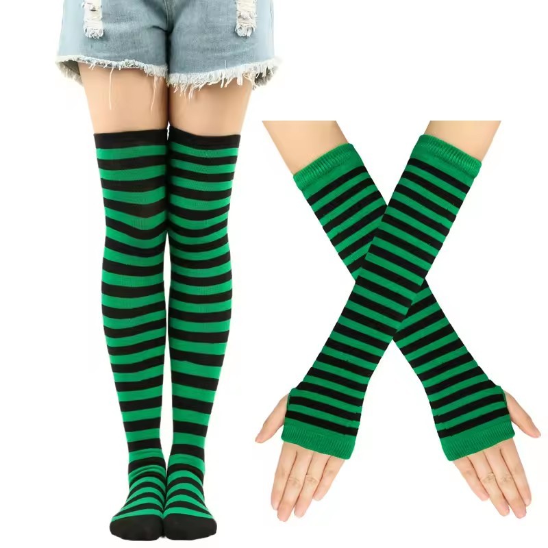 Women Gothic Over Knee Striped Socks and Arm Sleeve Set Winter Warm ...