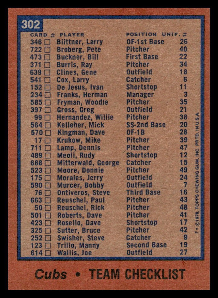 1978 Topps Chicago Cubs TC, CL #302 Chicago Cubs Baseball Card READ | eBay