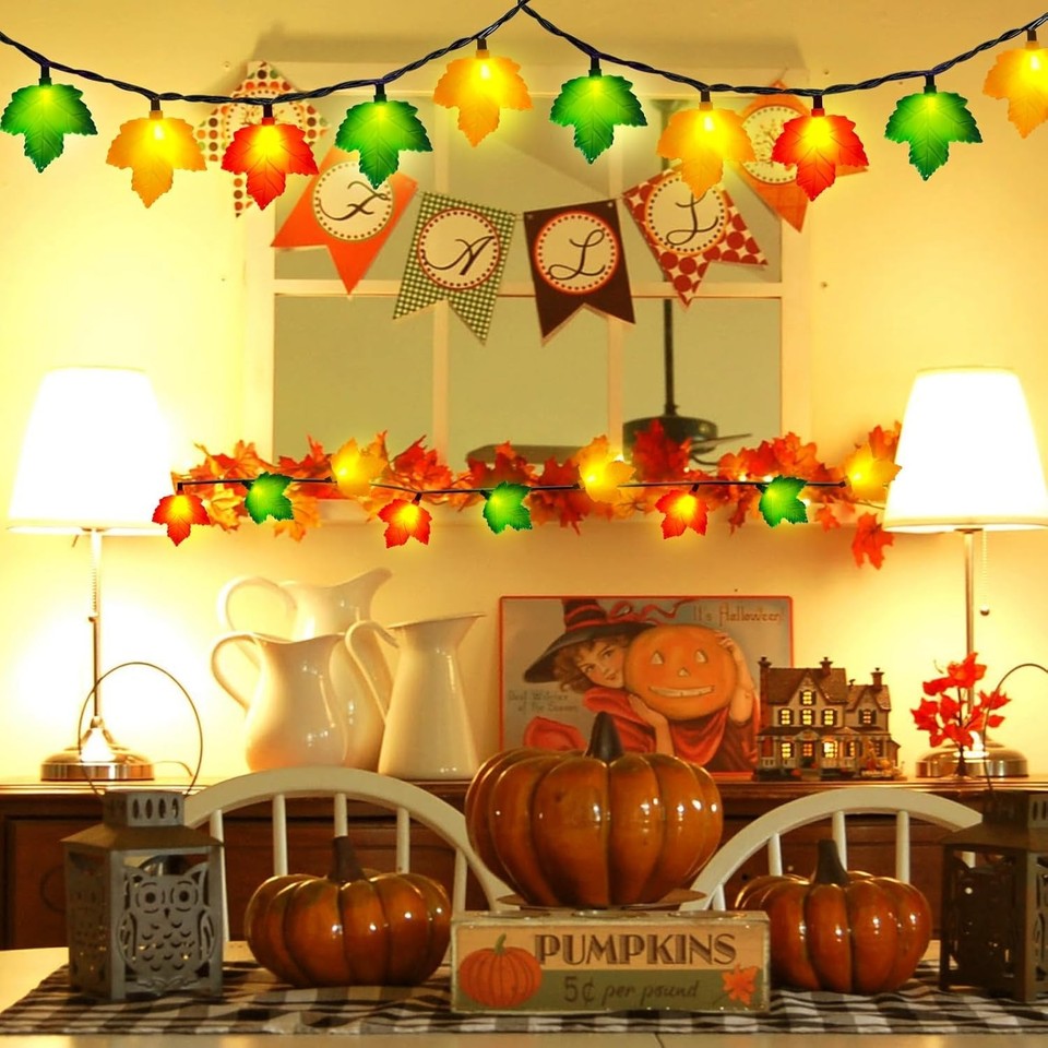 Fall Decor Maples Leaf String Lights, 8.5FT LED Maple Orange/Yellow ...