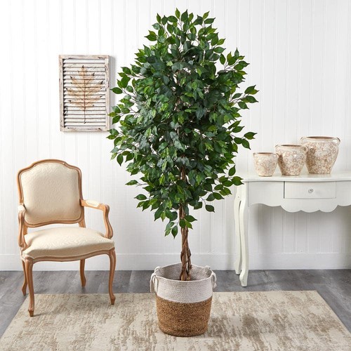 6 ft. Green Ficus Artificial Tree with Natural Trunk in Handmade ...